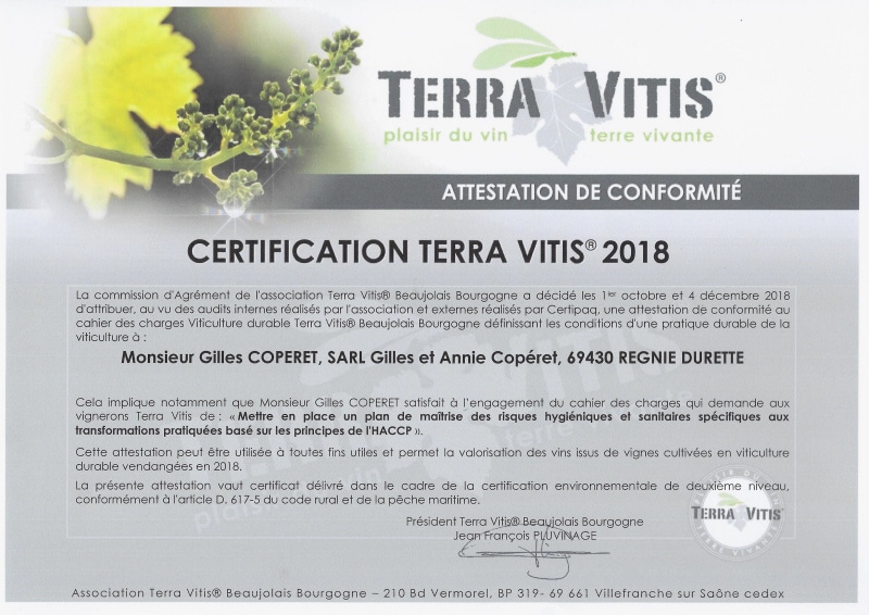 Certification Terra Vitis - Domaine Copéret